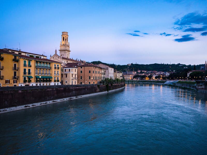 Verona and Adige River at Sunset Stock Photo - Image of dusk, roman ...