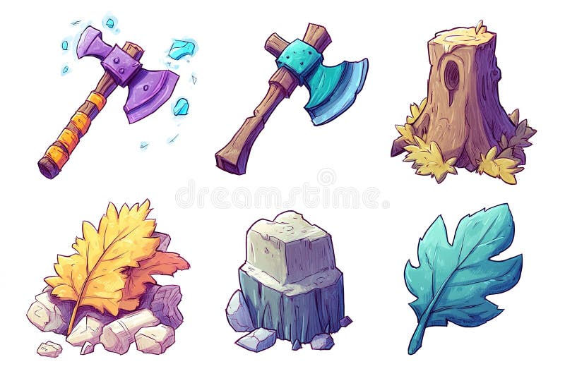 Versatile Collection of Cartoon-style Axes, Leaves, and Tree Stumps for ...