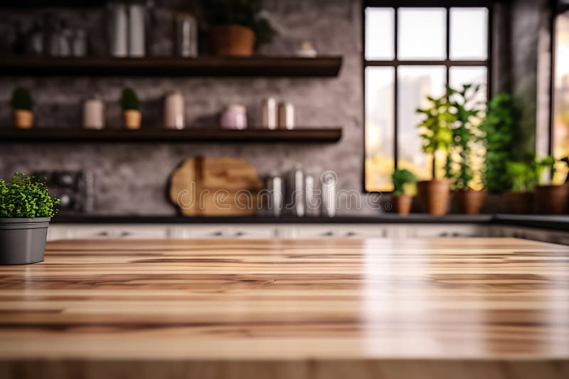 Versatile Kitchen Display Wooden Table on Blurred Kitchen Bench ...