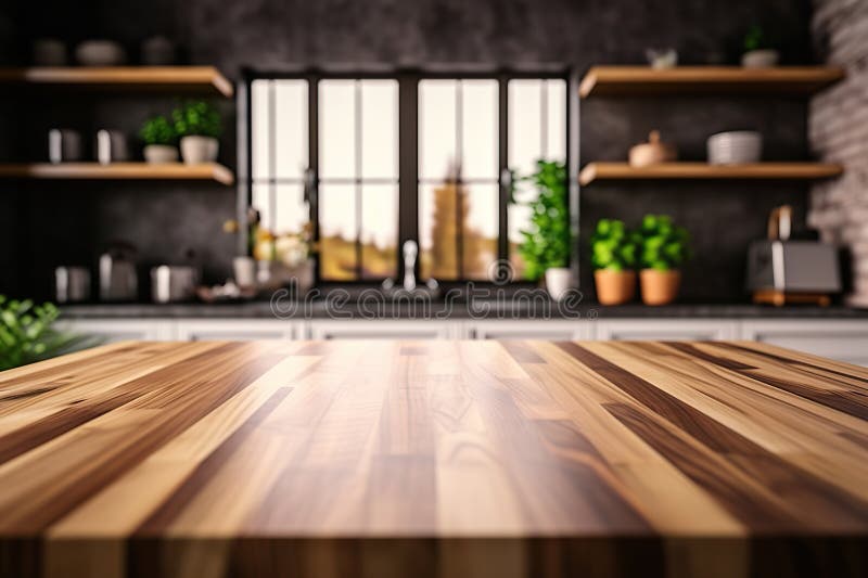 Versatile Kitchen Display Wooden Table on Blurred Kitchen Bench ...