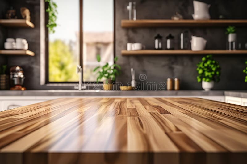 Versatile Kitchen Display Wooden Table on Blurred Kitchen Bench ...