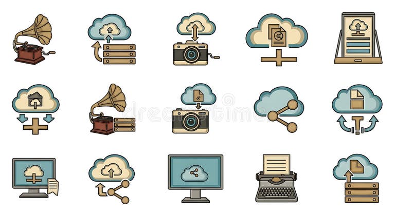 Technology Evolution Icon Set: Cloud Computing and Vintage Media Stock Vector - Illustration of ...