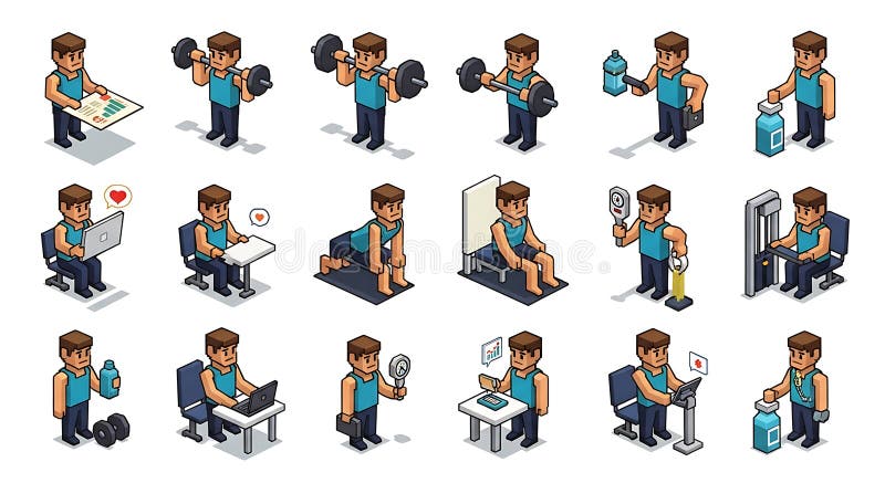 Isometric Pixel Art Man Character Set for Gym and Office Activities ...