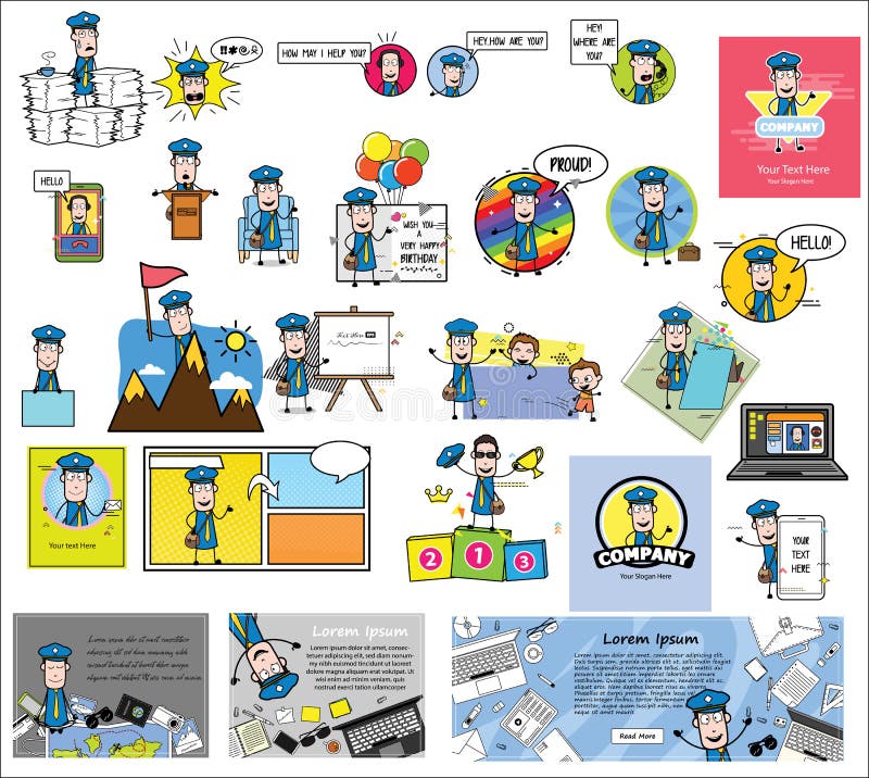 Verschiedene Comic Mailman Character Concepts - Set of Retro Vector ...