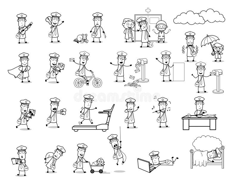 Verschiedene Comic Postman Drawing Art - Set Of Concepts Vector ...