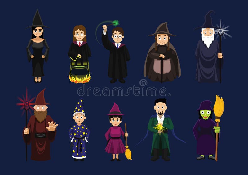 Verschiedener Hexen-Zauberer-Magier Cute Cartoon Character Vektor ...