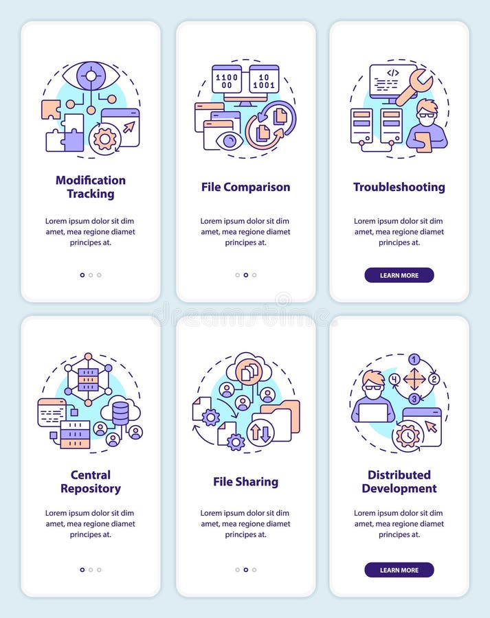 Version Control System Benefits Onboarding Mobile App Screens Set Stock ... Version Control System Benefits Onboarding Mobile App Screens Set Stock ...