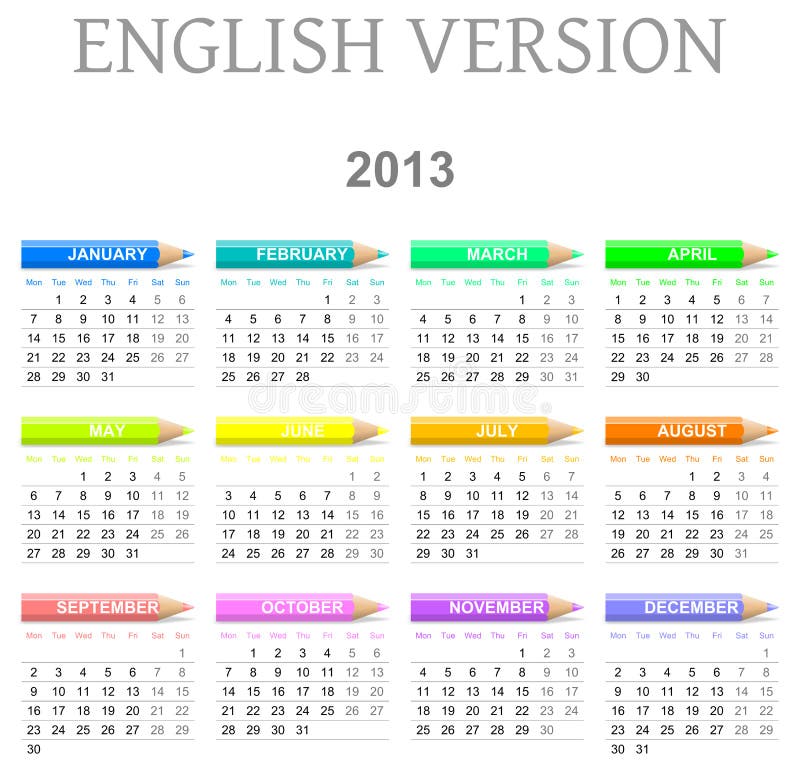 Version Mit 2013 Zeichenstiftkalender-Englisch Stock Abbildung ...