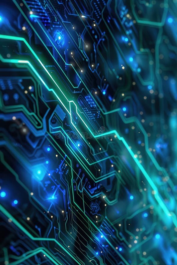 Vertical Abstract Background Computer Chip Surface with a Blue and ...