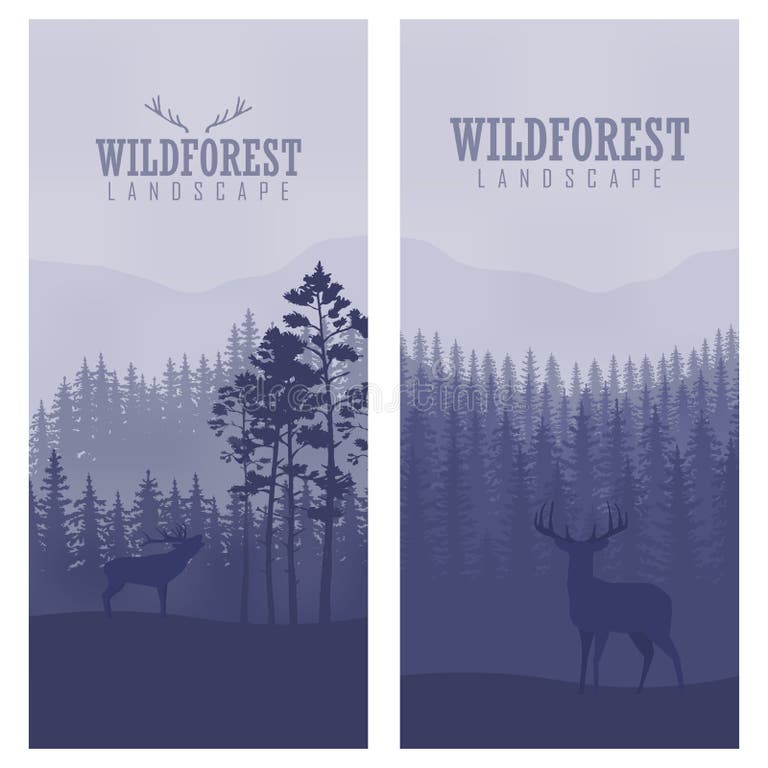 Vertical Abstract Banners of Wild Deer in Forest with Trunks of Trees ...
