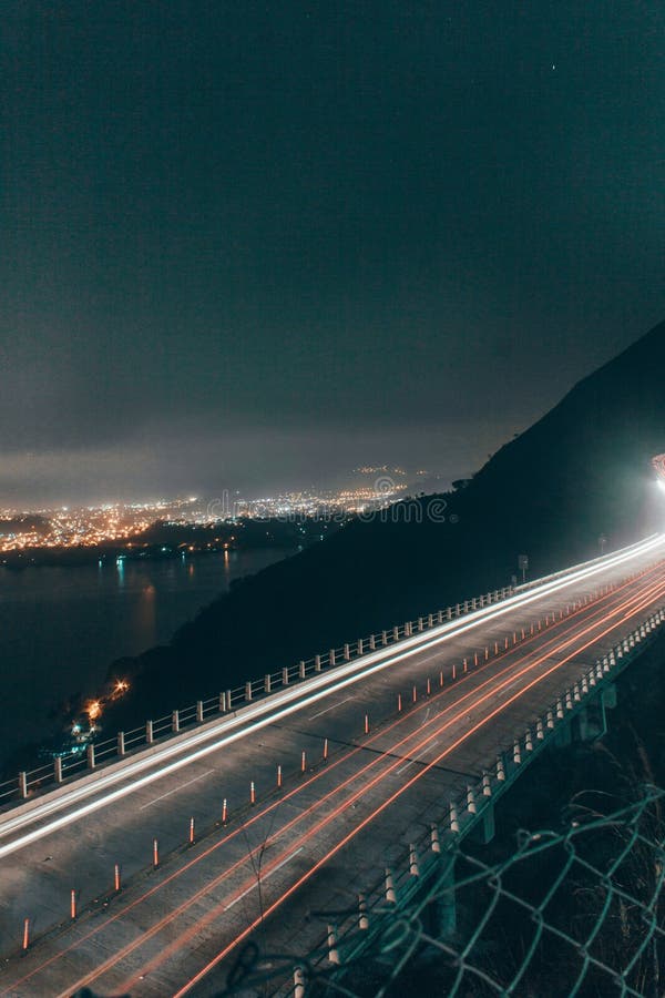 Vertical Aerial Shot of Empty Road Bridge at Night Stock Photo - Image ...