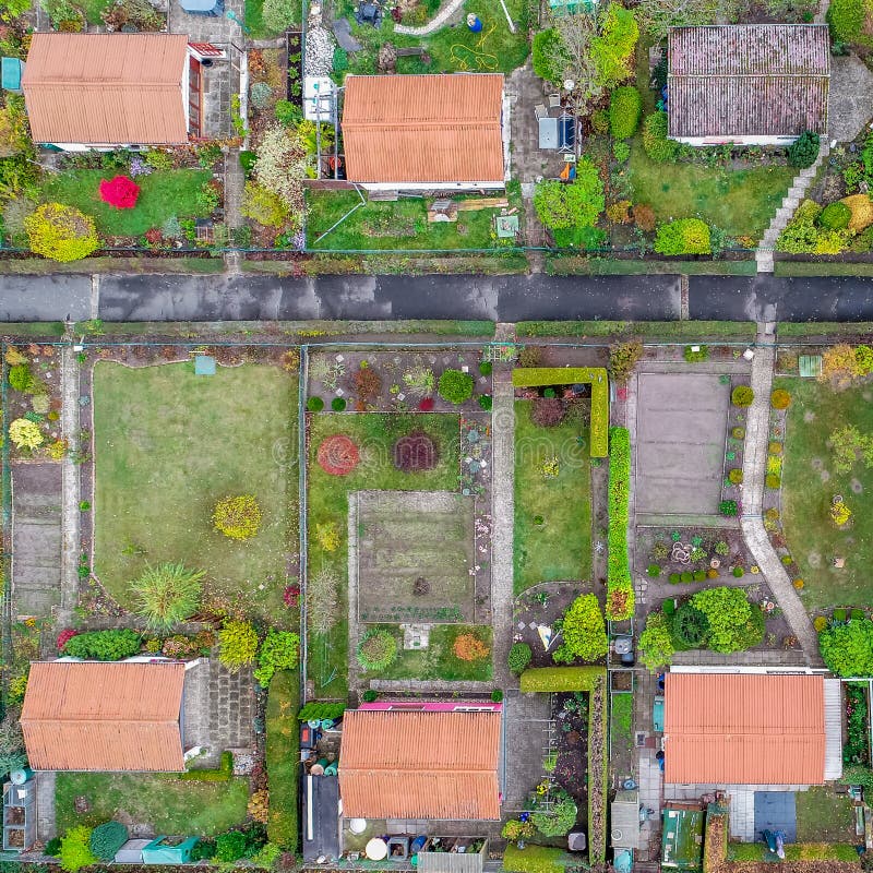 Vertical Aerial View of an Allotment Garden with Huts, Paths and ...