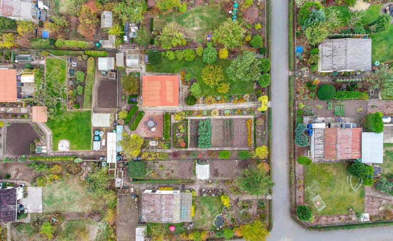 Vertical Aerial View of an Allotment Garden with Huts, Paths and ...