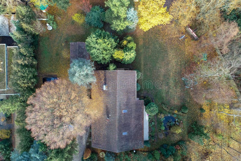 Vertical Aerial View of a Detached House with a Plot of Land with Trees ...