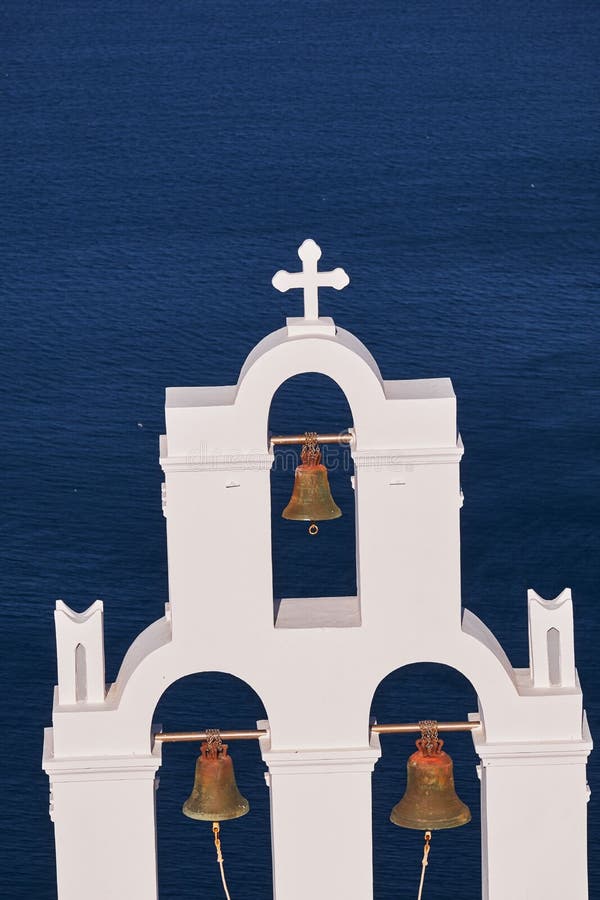 Vertical Aerial View of the Historic Three Bells of Fira on the Island ... Vertical Aerial View of the Historic Three Bells of Fira on the Island ...