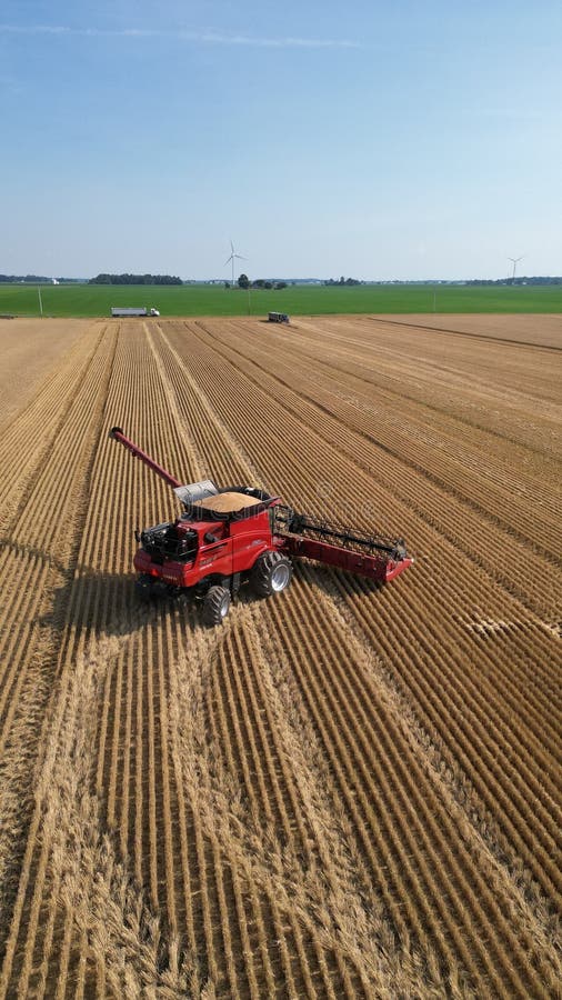 Vertical Aerial View of a Red Combine Harvester Working in a Field ...
