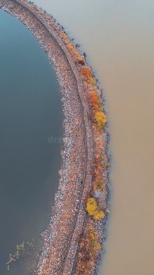 Vertical Aerial View of Rocky Road between Lakes Stock Photo - Image of ...