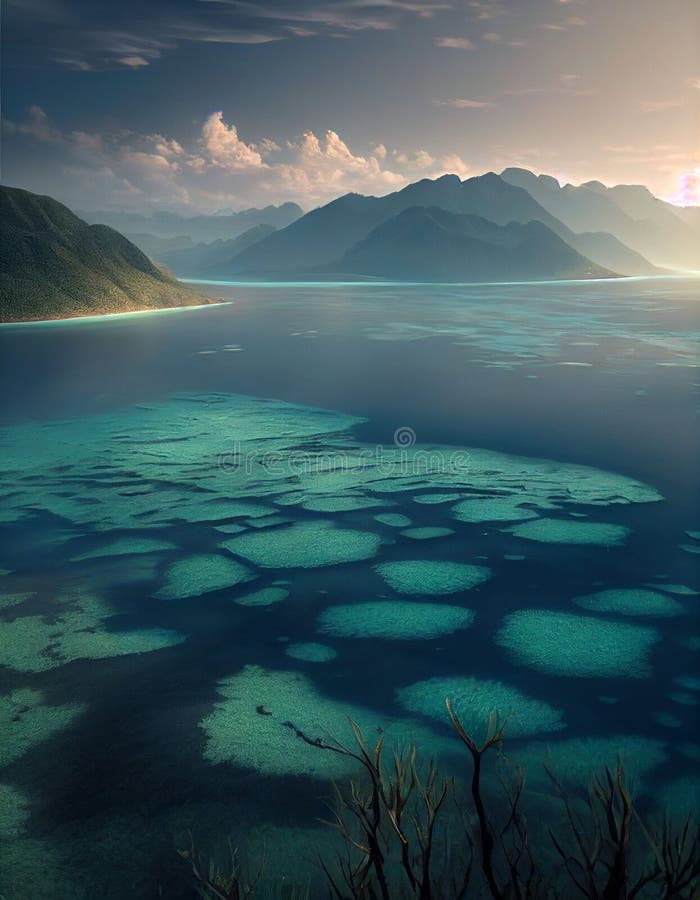 Vertical AI Generated Hyper-illustration of a Tranquil Lake with Scenic ...