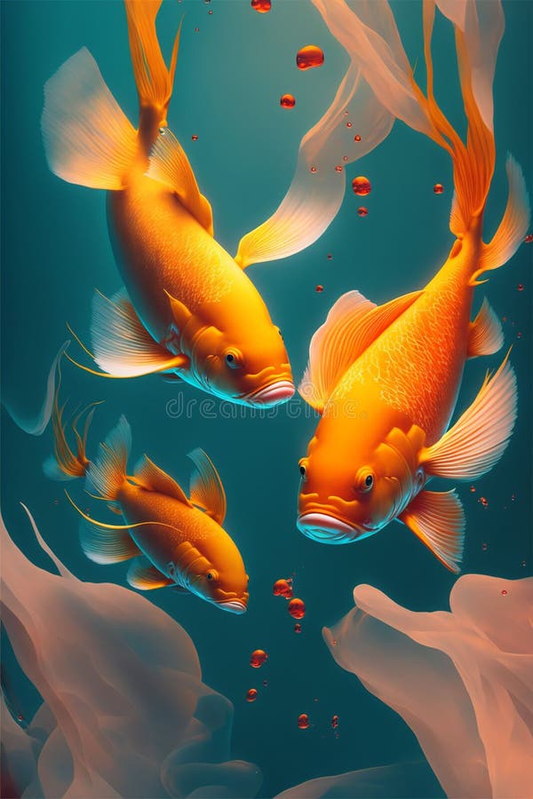 Vertical AI Illustration of Three Goldfish Swimming in Water Stock ...