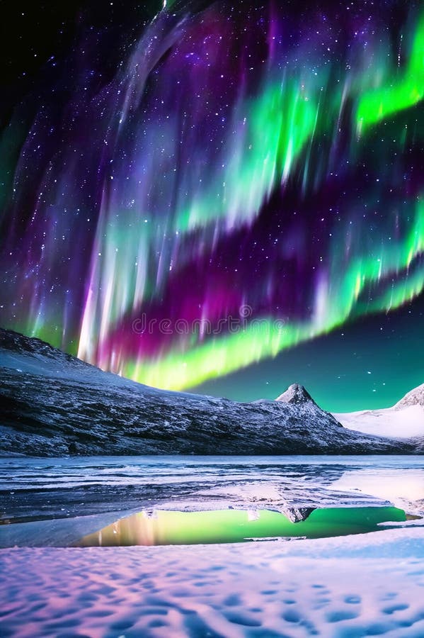 Mystic Aurora Borealis – Vertical View of Polar Lights Over Snowy Peaks 2:3 Ratio Stock ...