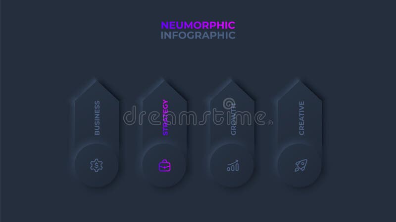 Vertical Arrows Elements with Circles. Dark Neumorphic Infographic Design Template with 4 ...