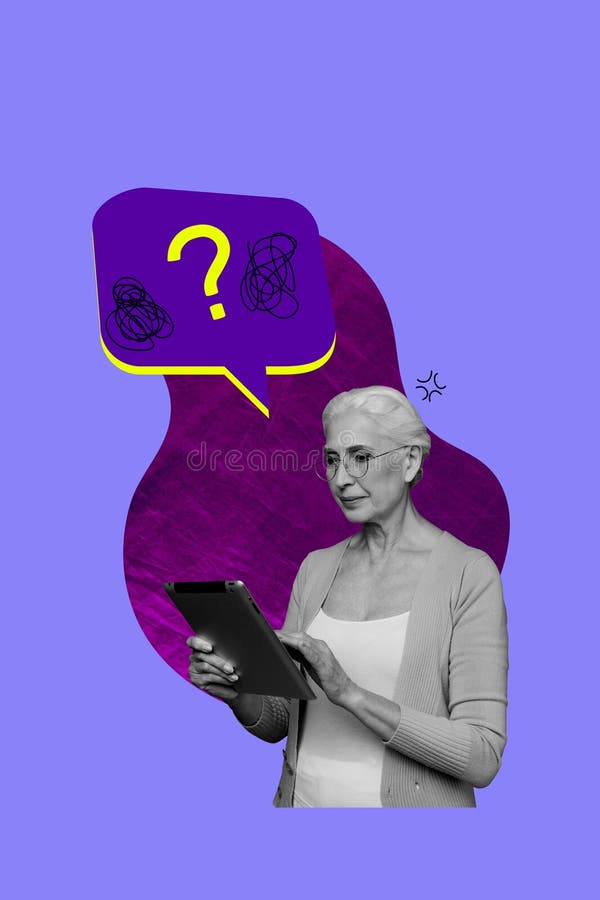 Vertical Art Trend Collage of Serious Old Woman Think Solution Hold ...