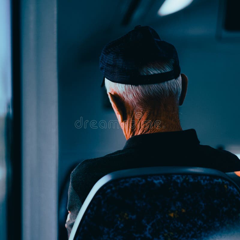 Vertical Back View of a Sitting Old Man with a Wrinkled Neck and a Hat ...