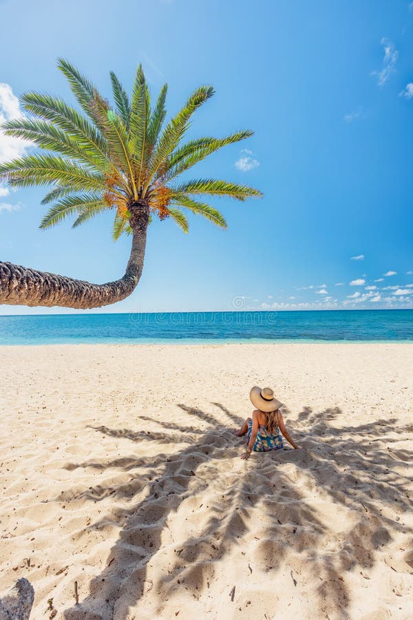 Vertical Back View of a Young Female Relaxing in the Sunset Beach, Oahu ...