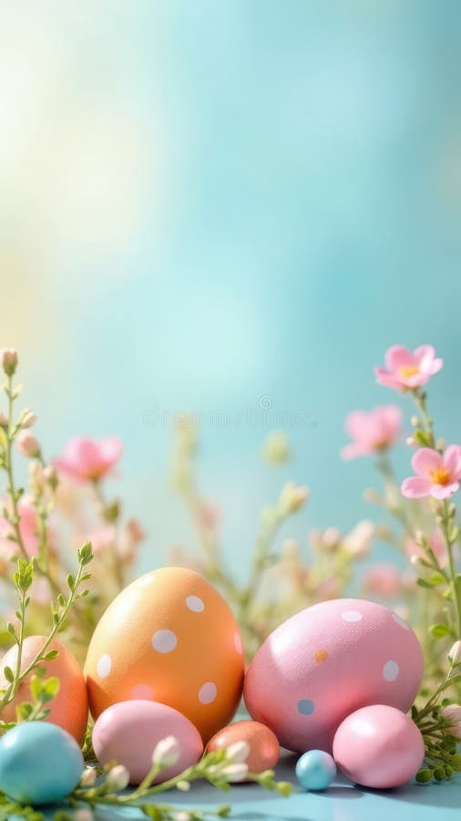 Vertical Background with Easter Painted Eggs and Pink Blurred Flowers ...