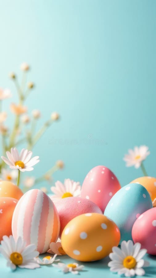 Vertical Background with Easter Painted Eggs and White Daisies, Pastel ...