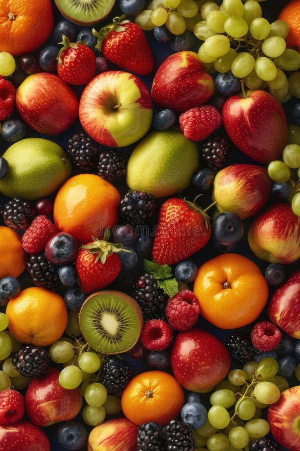 Vertical Background of Fresh Fruit and Berries Scattered Across a Table ...