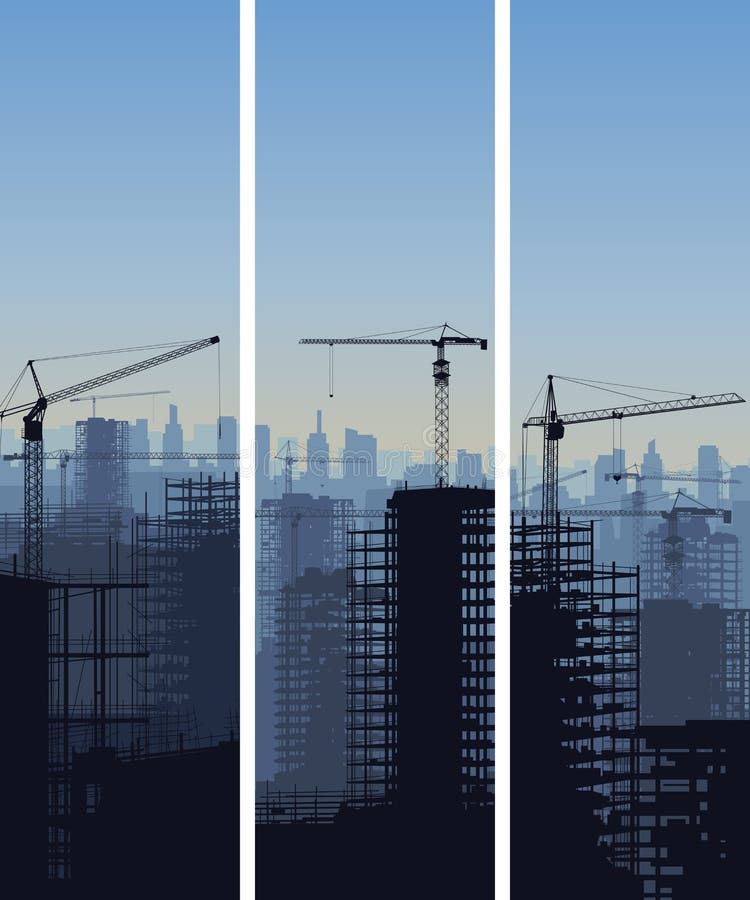 Vertical Banner of Construction Site with Cranes and Building. Stock ...