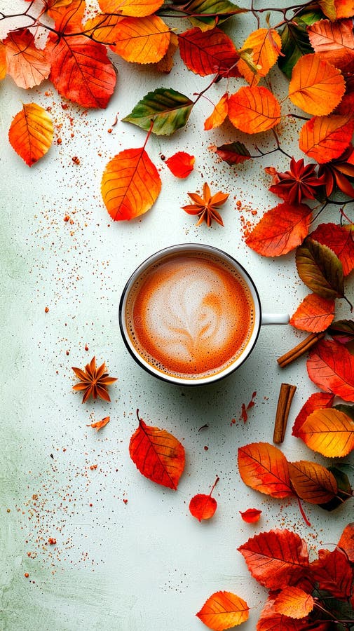 A Vertical Banner of a Top View of a Coffee Cup with Fall Foliage on ...