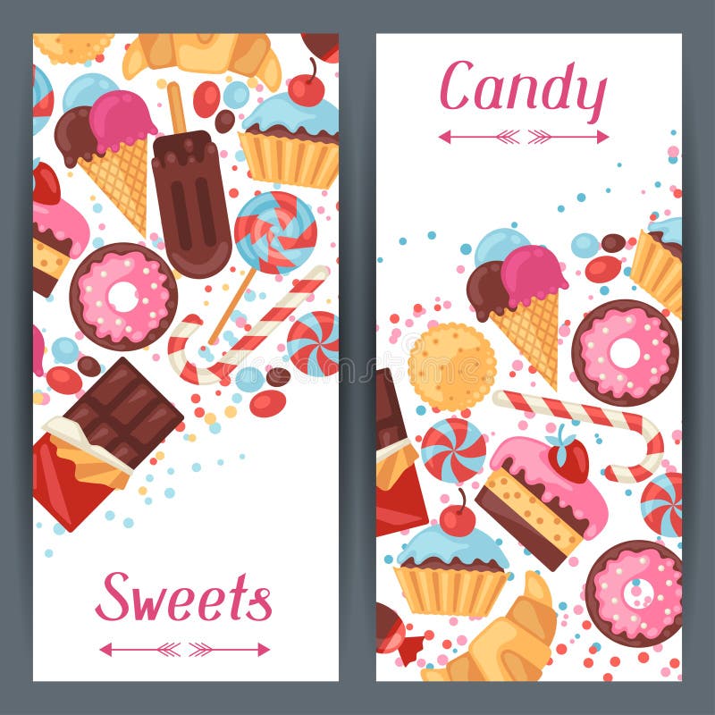 Vertical Banners with Colorful Candy, Sweets and Stock Vector ...