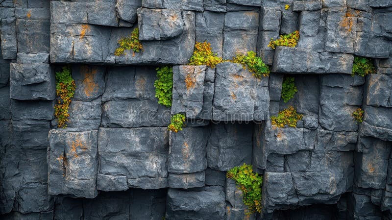 Vertical Basalt Cliff with Lush Vegetation and Intriguing Cracks Stock ...