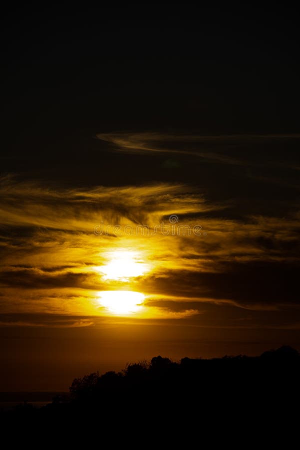 Vertical Beautiful Yellow Sunset with Clouds and Trees Stock Photo ...