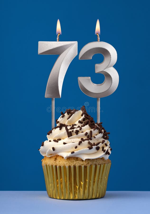 Vertical Birthday Card with Cake - Lit Candle Number 73 on Blue ...