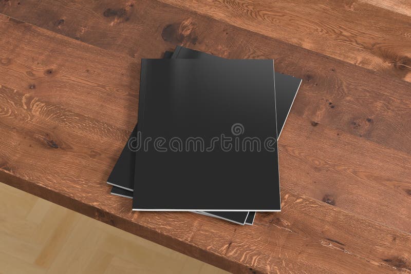 Vertical Black Magazine or Brochure Stack Mockup on Wooden Table Stock ...