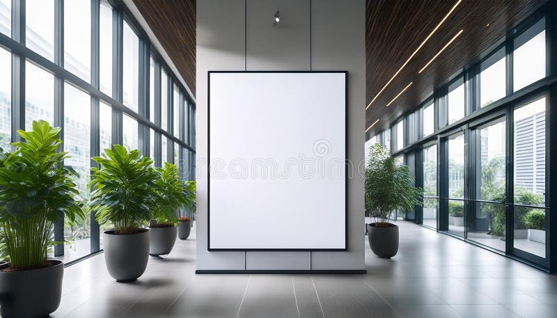 Vertical Blank Poster Mockup in a Modern Office Hallway with Large ...