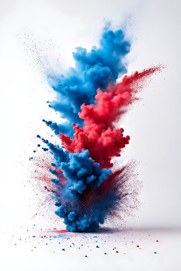 Vertical Blue and Red Powder Explosion Isolated on White Background ...