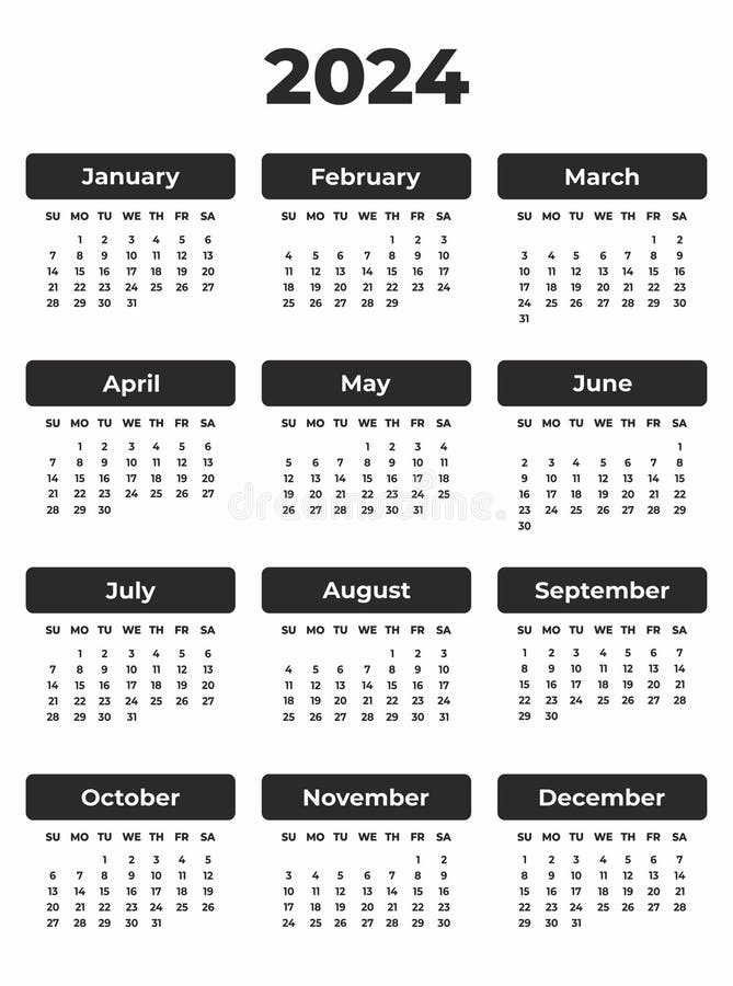Vertical Bold Calendar of 2024 Year. White Background. Vector Image ...