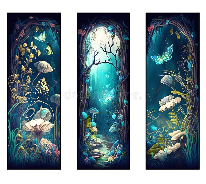 Vertical Bookmarks with Enchanted Forest at Night Illustrations on ...