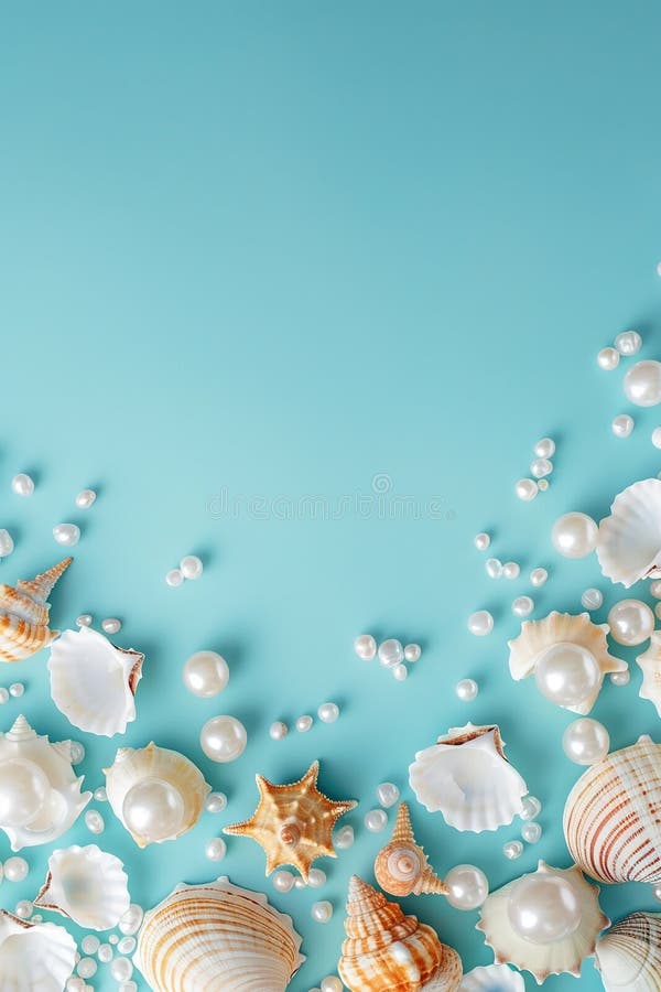 Vertical Border Frame Template of Various Shells and Pearls on Light ...