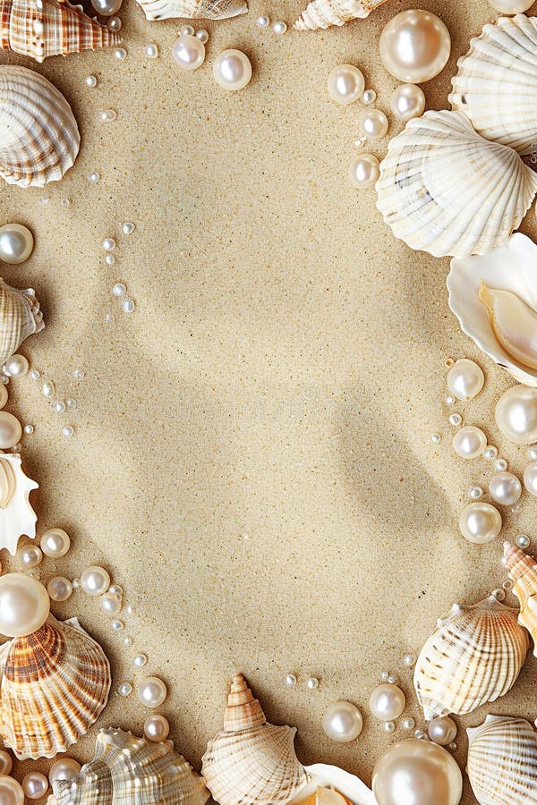 Vertical Border Frame Template of Various Shells and Pearls on Sand ...
