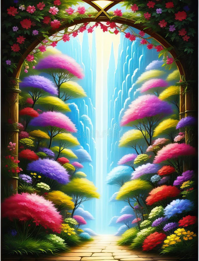 Vertical Bright Landscape. Arch with Blooming Fantastic Trees, Abstract ...