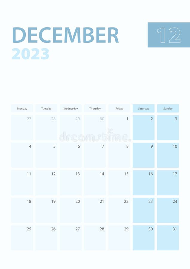 Vertical Calendar Page of December 2023, Week Starts from Monday Stock ...