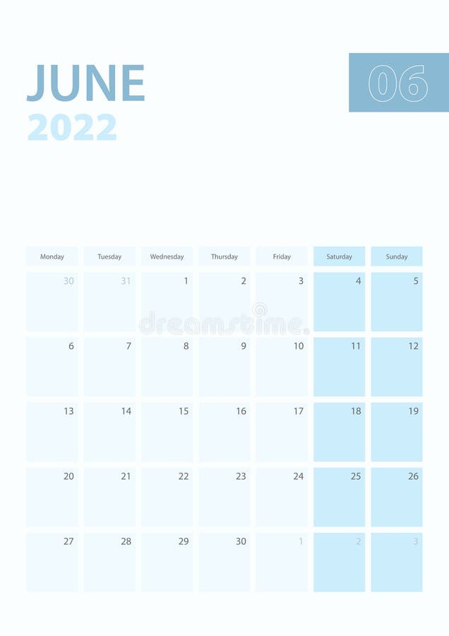 Vertical Calendar Page of June 2022, Week Starts from Monday Stock ...