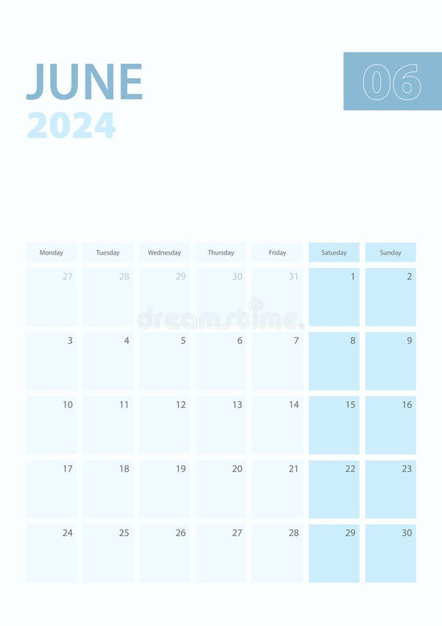 Vertical Calendar Page of June 2024, Week Starts from Monday Stock ...