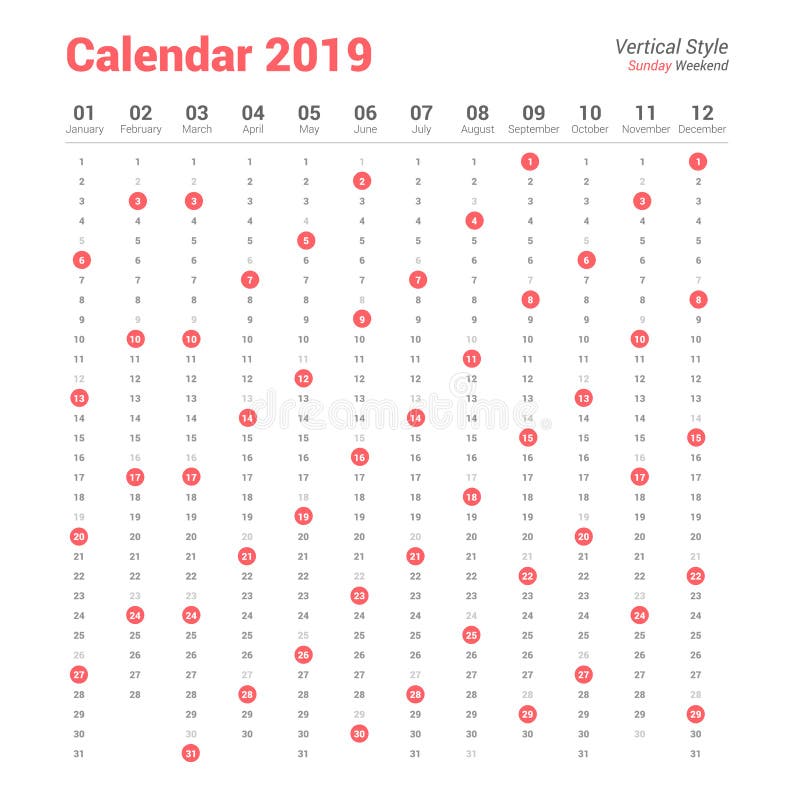 Planner 2019 Calendar Design. Vector Simple Style. Sunday Weekend ...