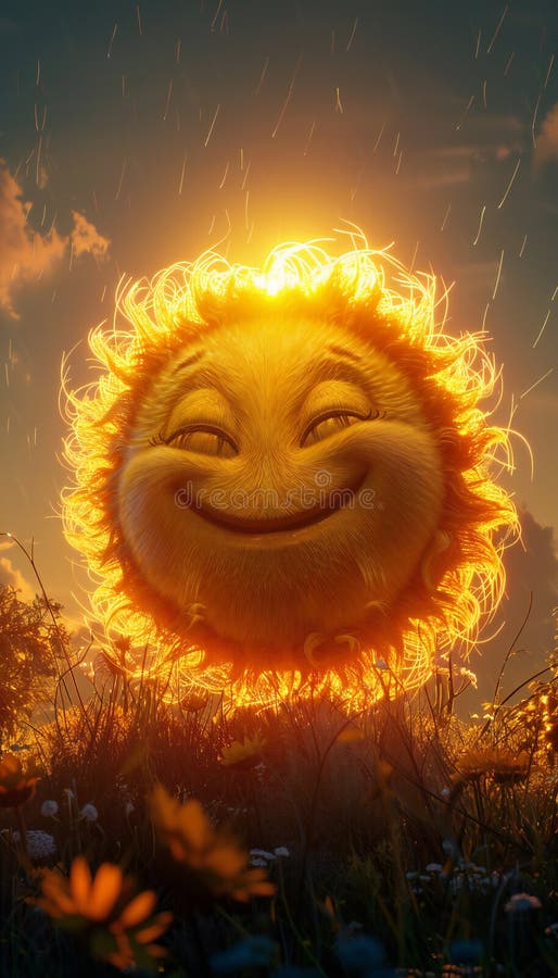 Vertical Caricature of a Happy Sun at Dawn in a Sun Bath Stock ...